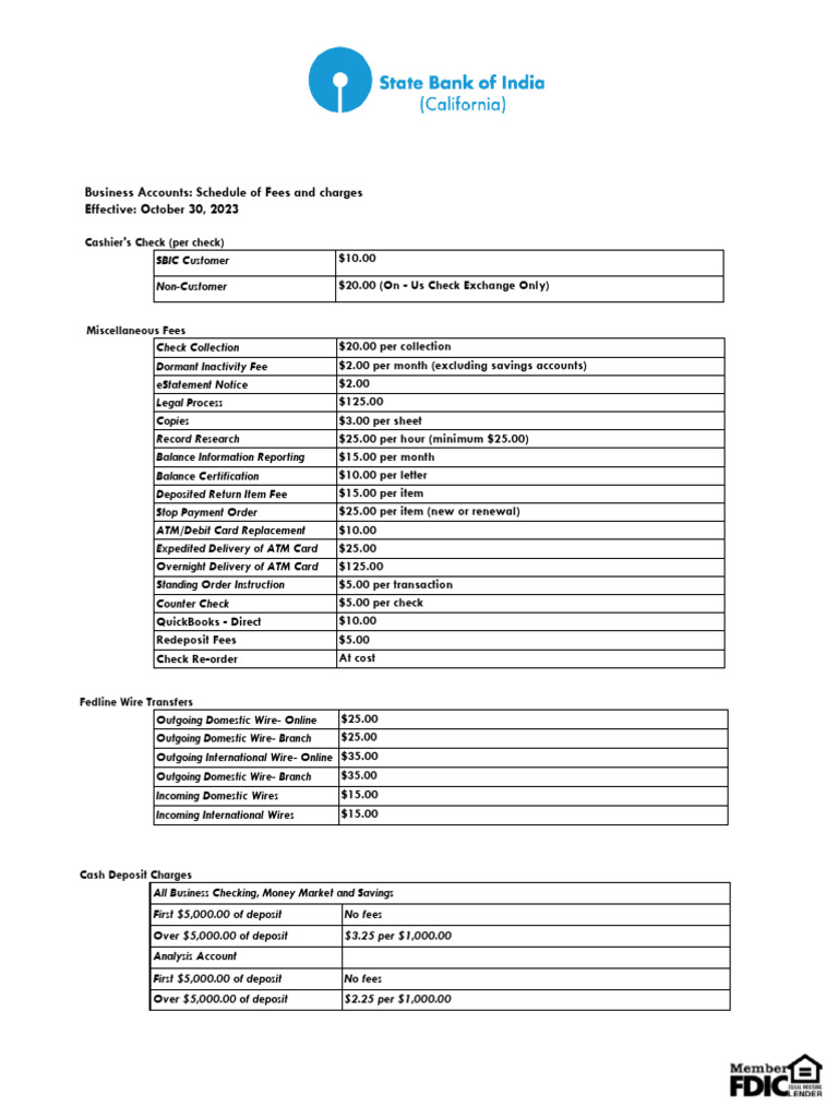 Business Banking Schedule of Fees Charges 10302023 | PDF | Cheque | Fee