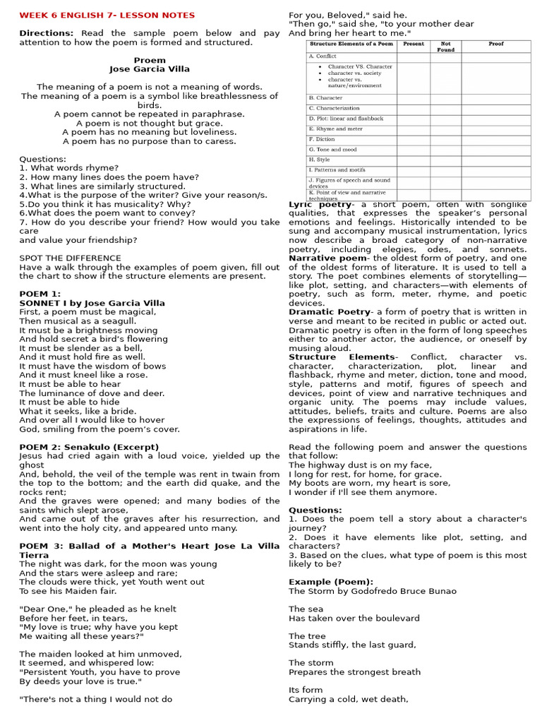 Week 6 English 7 Lesson Notes | PDF | Poetry | Lyric Poetry