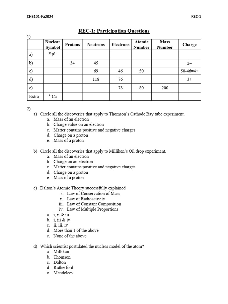 REC1-Participation Questions Fa2024 | PDF | Chemical Elements | Proton