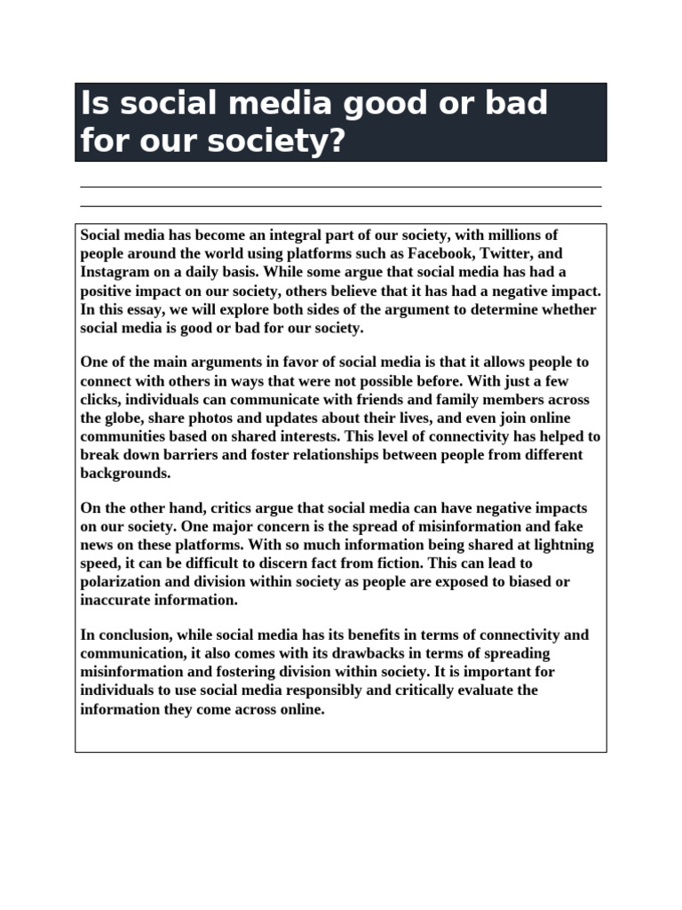 Is Social Media Good or Bad For Our Society by Rafid Hasan | PDF