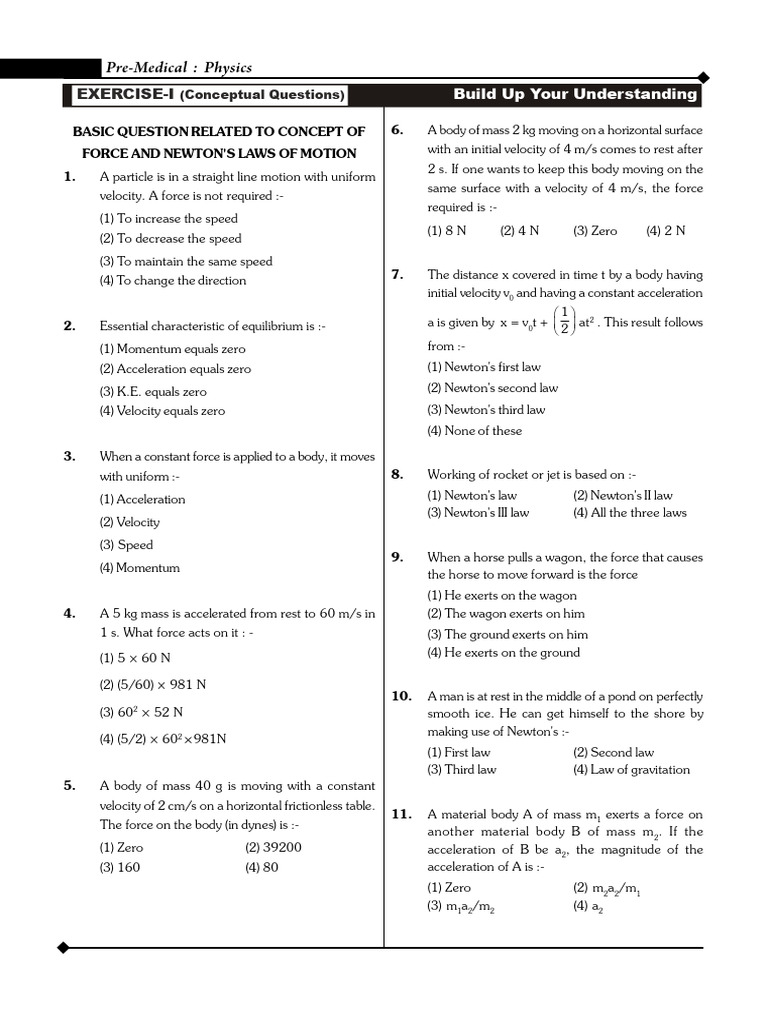 NEET Newton Laws of Motion Exercise 01 | PDF | Force | Mass
