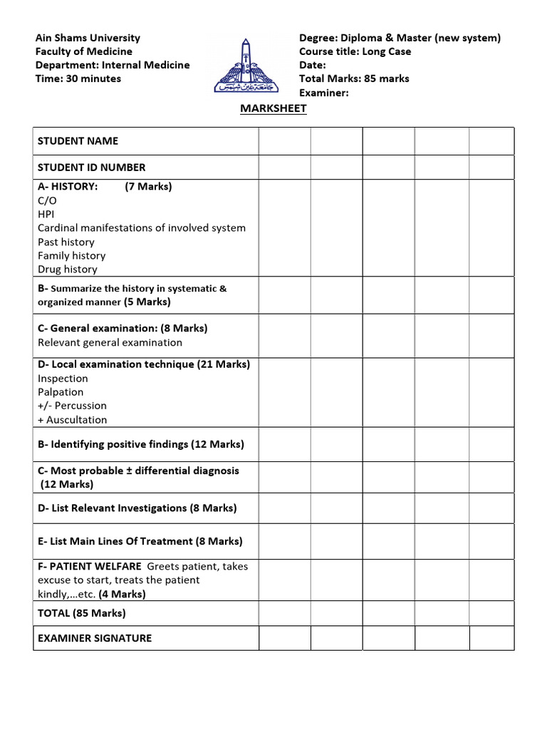 Checklist For Long Case Exam | PDF