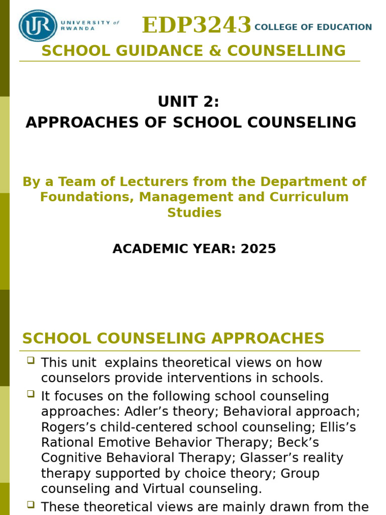 School Counseling Approaches Overview | PDF | Psychotherapy | Rational Emotive Behavior Therapy