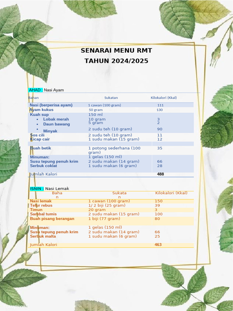 Menu RMT 2024/2025 | PDF
