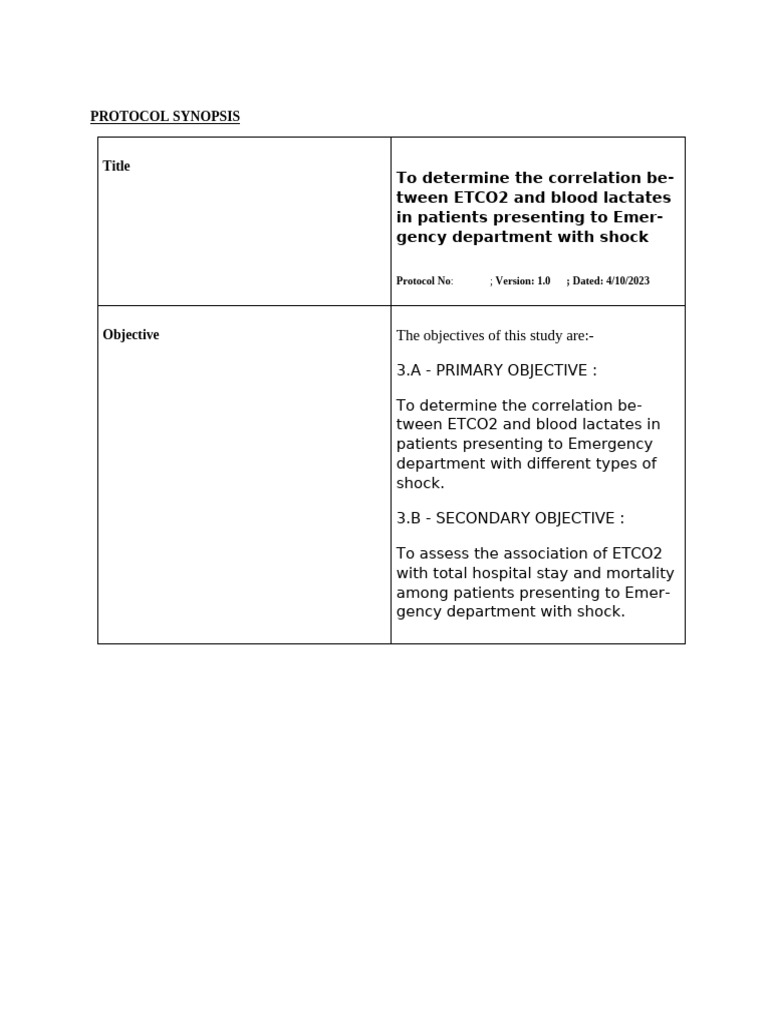 PROTOCOL SYNOPSIS 2 Word | PDF | Shock (Circulatory) | Blood Pressure