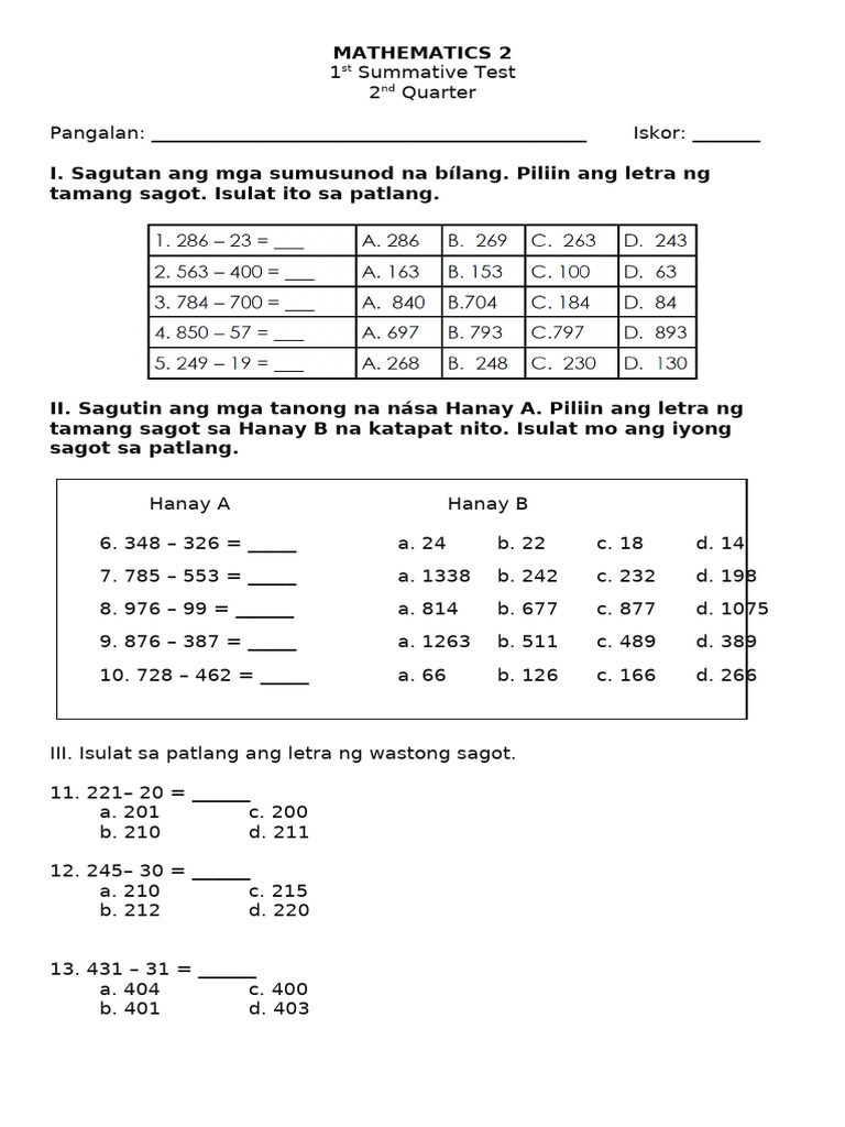 Math2 ST1 Q2 | PDF