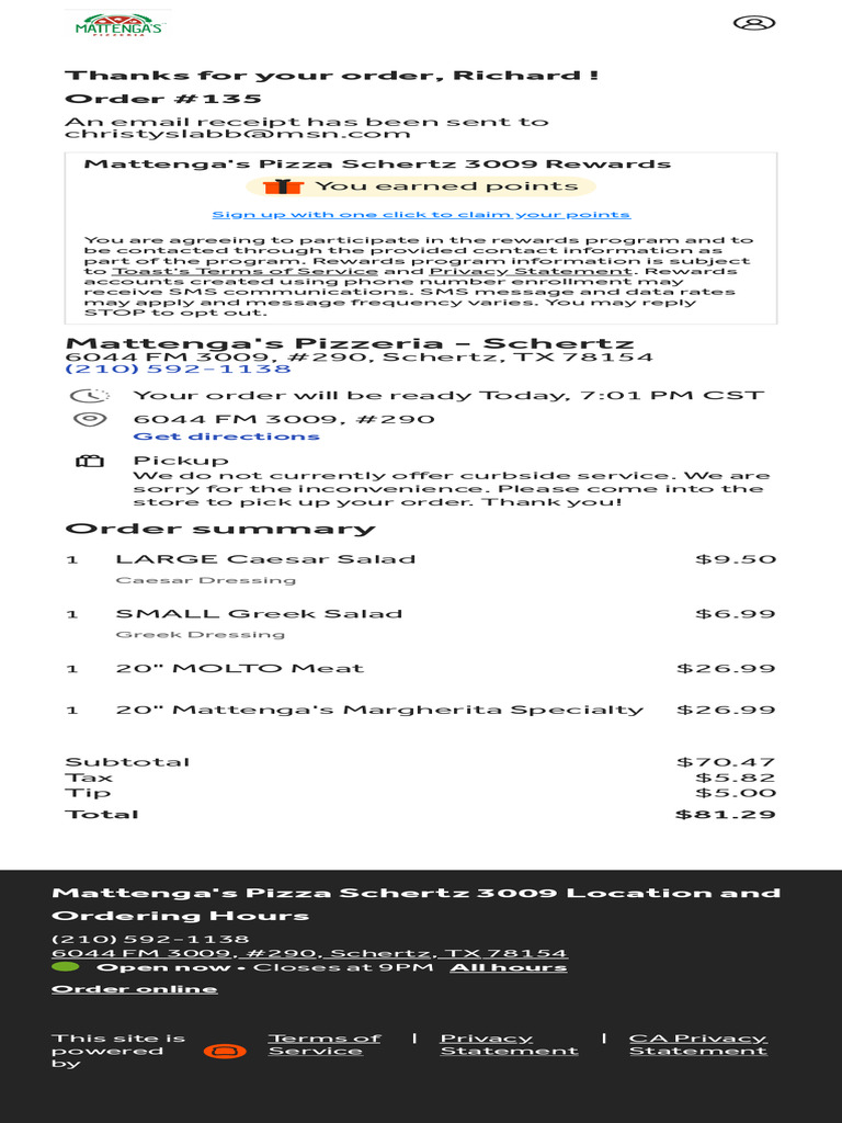 Mattenga's Pizza Schertz 3009 Order Confirmation | PDF