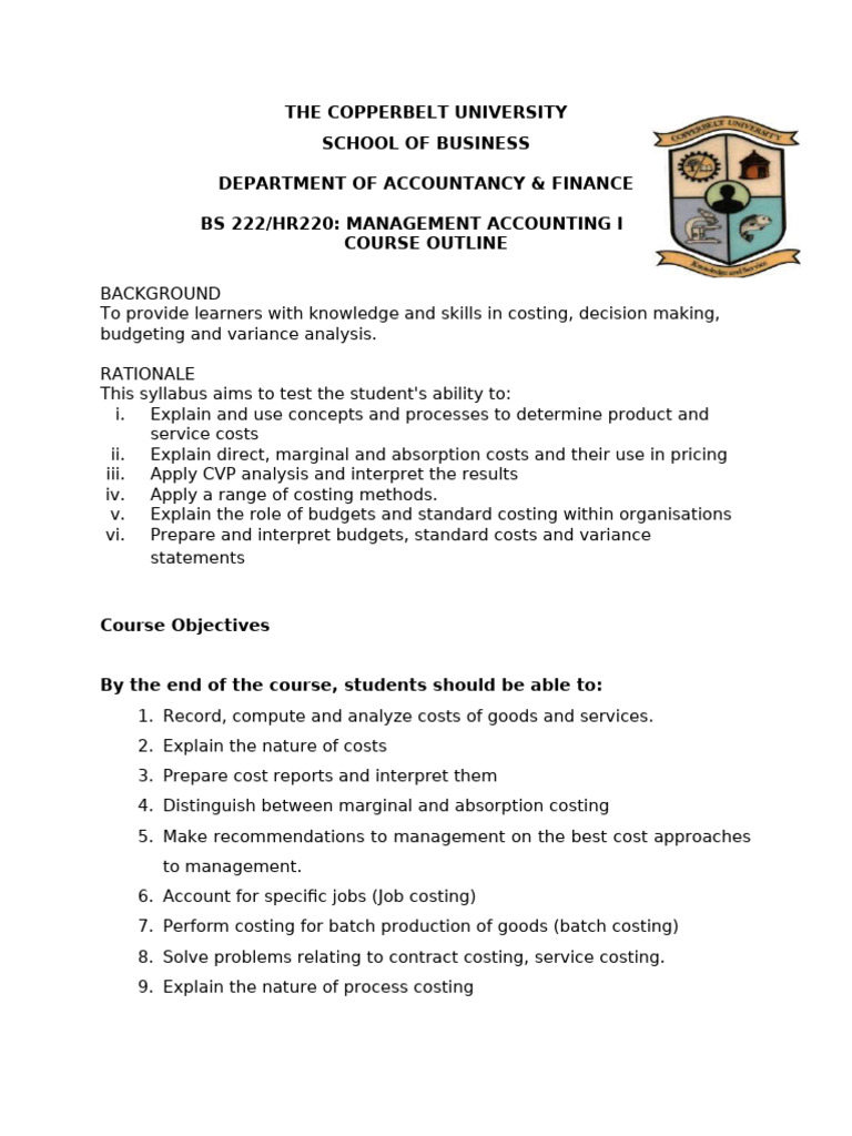 BS 222 SYLLABUS 2025 | PDF | Cost Accounting | Valuation (Finance)