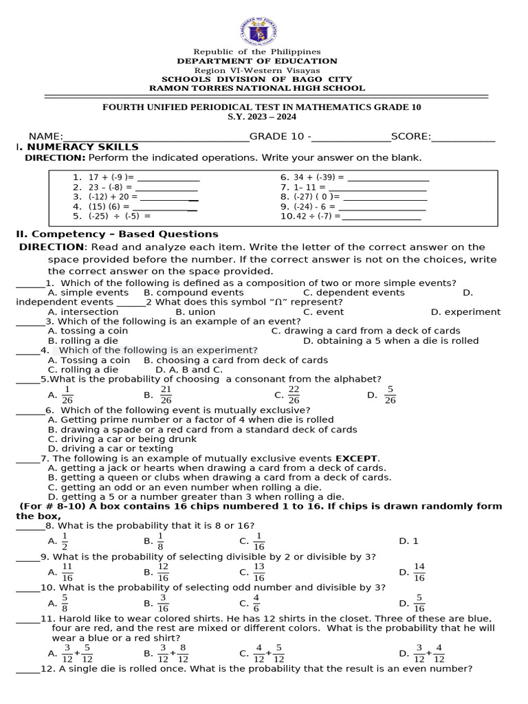 FOURTH-PERIODICAL-TEST-G10 | PDF | Quartile | Percentile