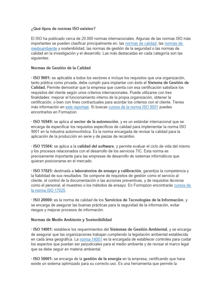 Que Tipos de Normas ISO Existen | PDF | Calidad (comercial) | Gestión ...