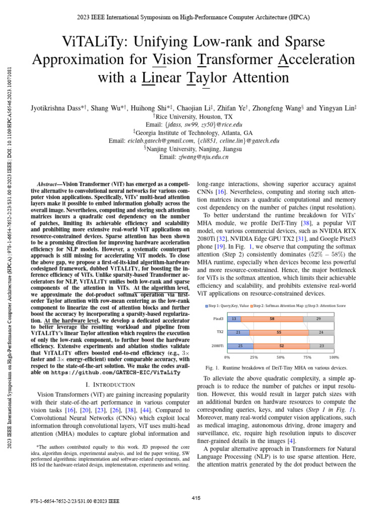 ViTALiTy Unifying Low-Rank and Sparse Approximation For Vision Transformer Acceleration With A ...