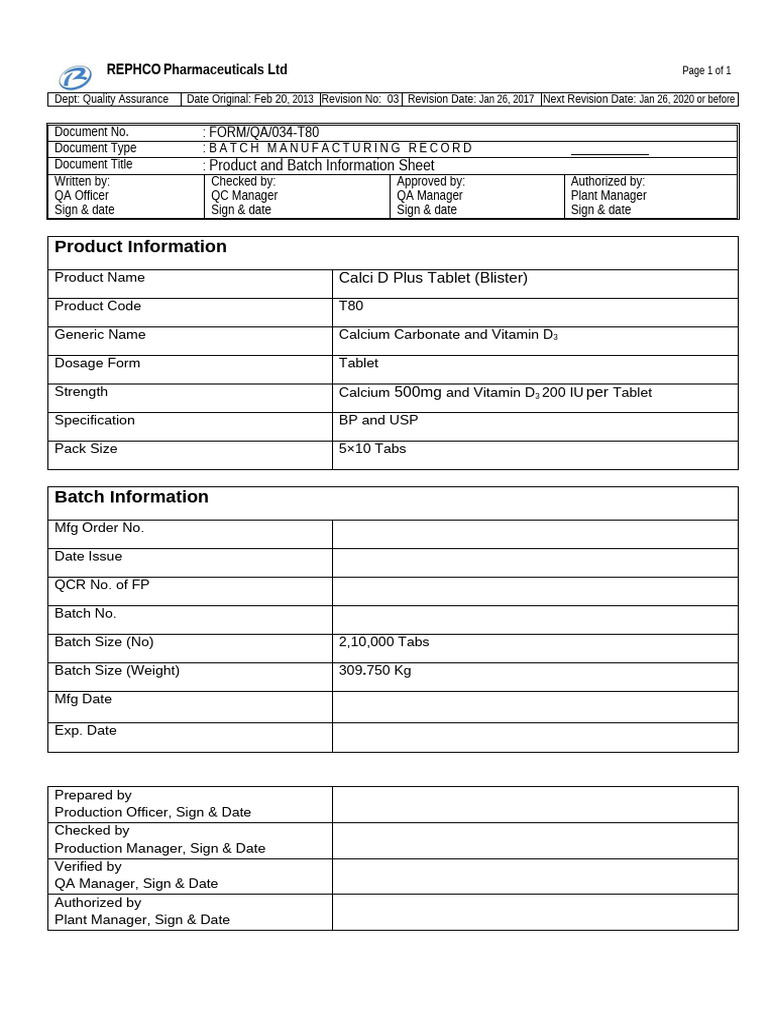 1. Product & Batch Information Sheet- Calci D Plus Blister | PDF