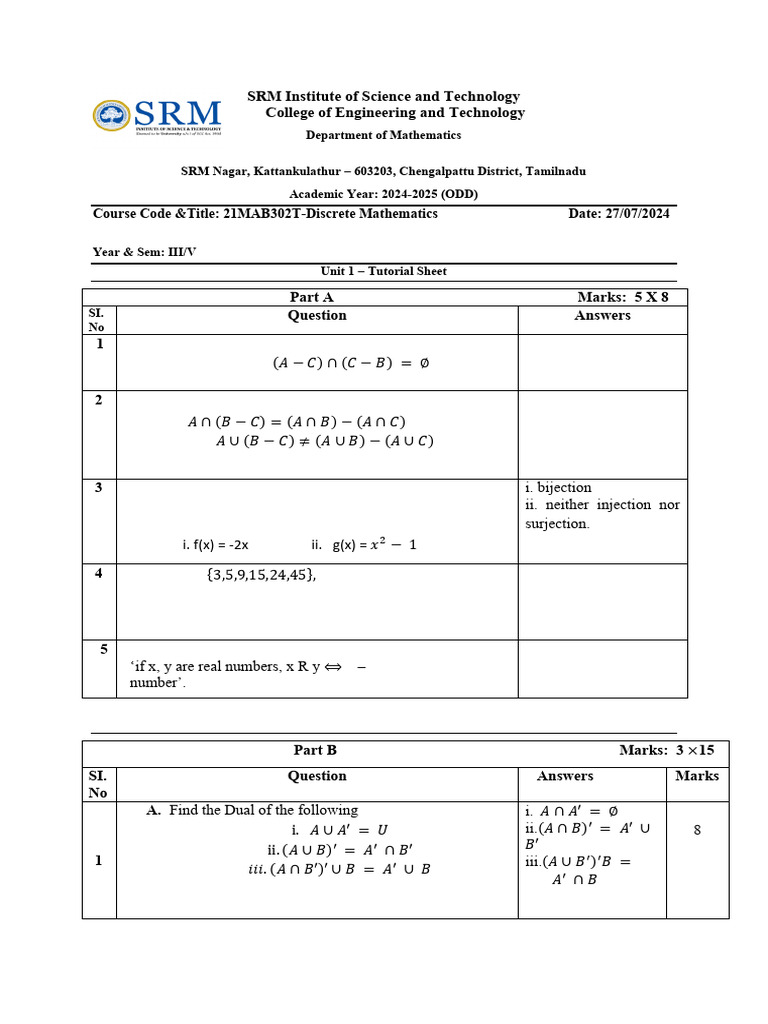 21MAB302T DM Unit 1 Tutorial Sheet | PDF | Mathematical Objects | Mathematical Relations