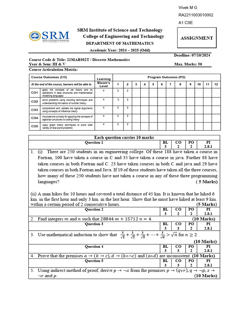 21MAB302T DM Assignment 2 | PDF | Mathematics | Logic
