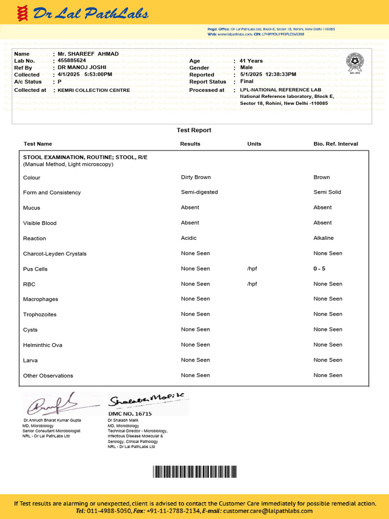 Stool Examination Report for Mr. Shareef Ahmad | PDF | Physician ...