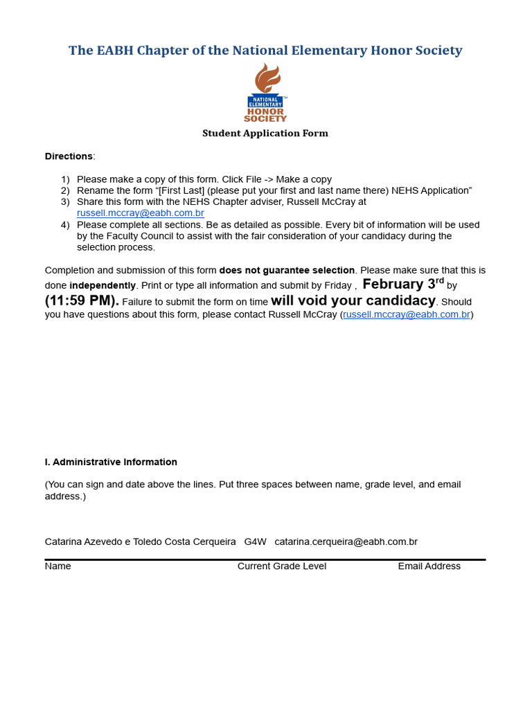 Catarina Cerqueira NEHS Application Form | PDF