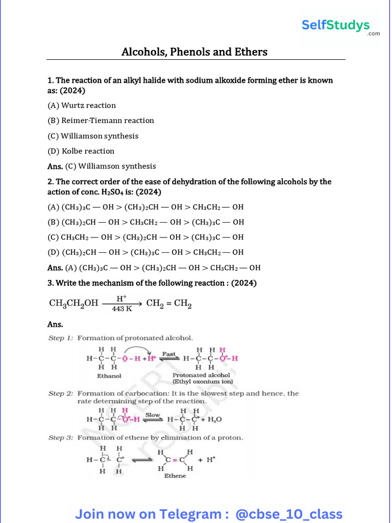 Alcohols, Phenols and Ethers 12 Class | PDF