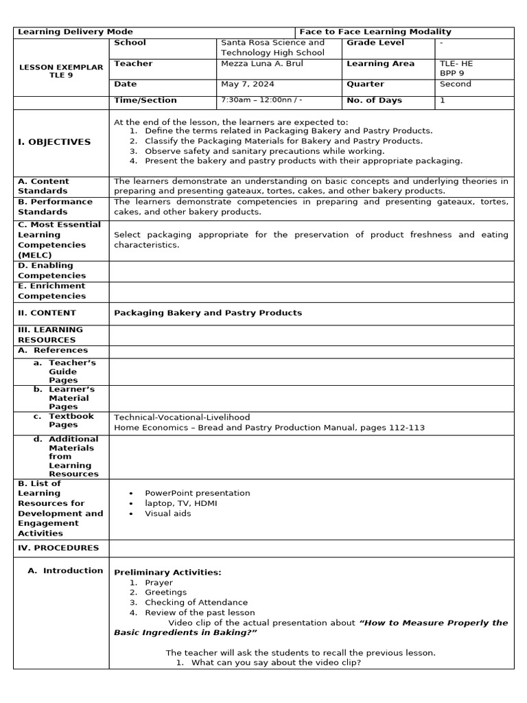 Lesson Plan 2024-FINAL | PDF | Baking | Packaging And Labeling