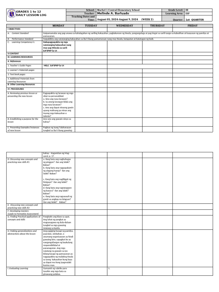DLL - Esp-3 - q1 - w1-1 Espweek 2 Quarter 1 | PDF