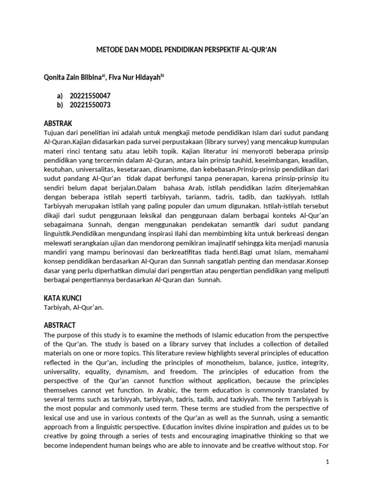 METODE DAN MODEL PENDIDIKAN PERSPEKTIF AL-QUR'AN | PDF