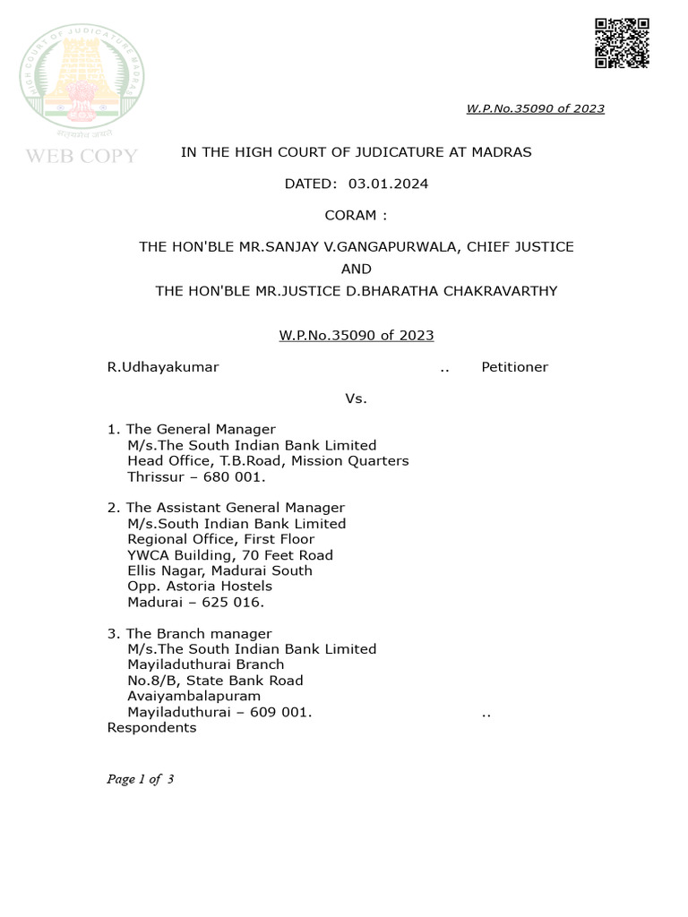 Madras High Court Order 3 | PDF | Writ | Separation Of Powers