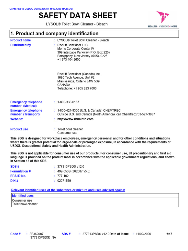 Lysol Toilet Bowl Cleaner - Bleach en GHS US | PDF | Toxicity | Waste