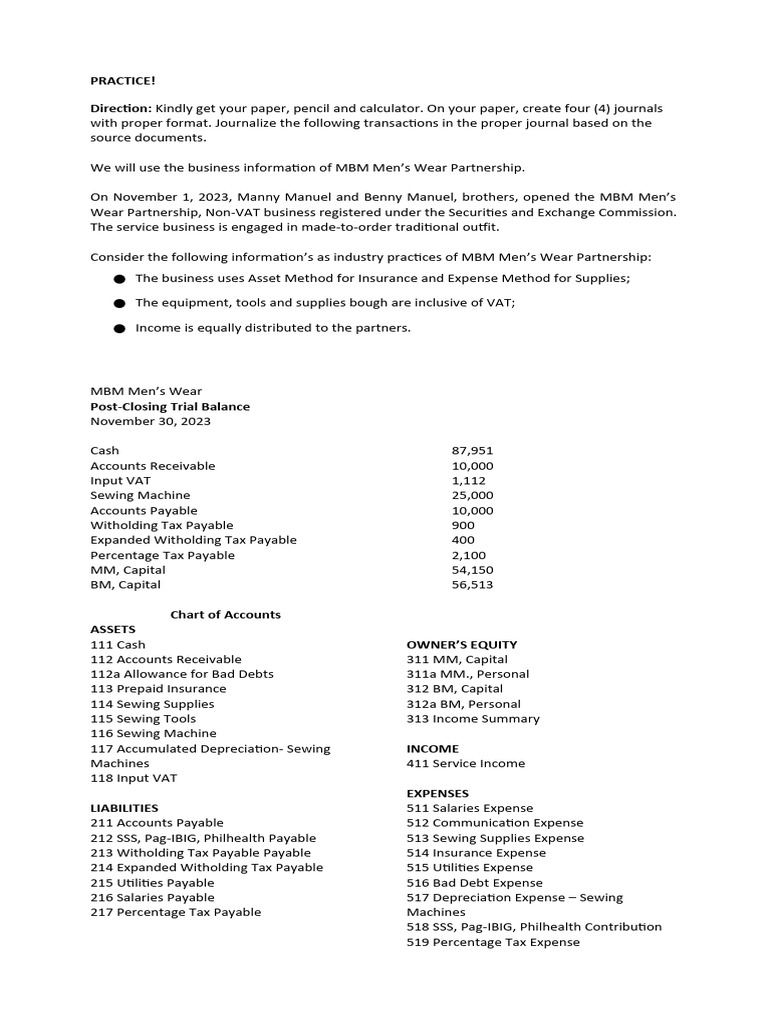Journal Entries for MBM Men’s Wear | PDF | Value Added Tax | Partnership