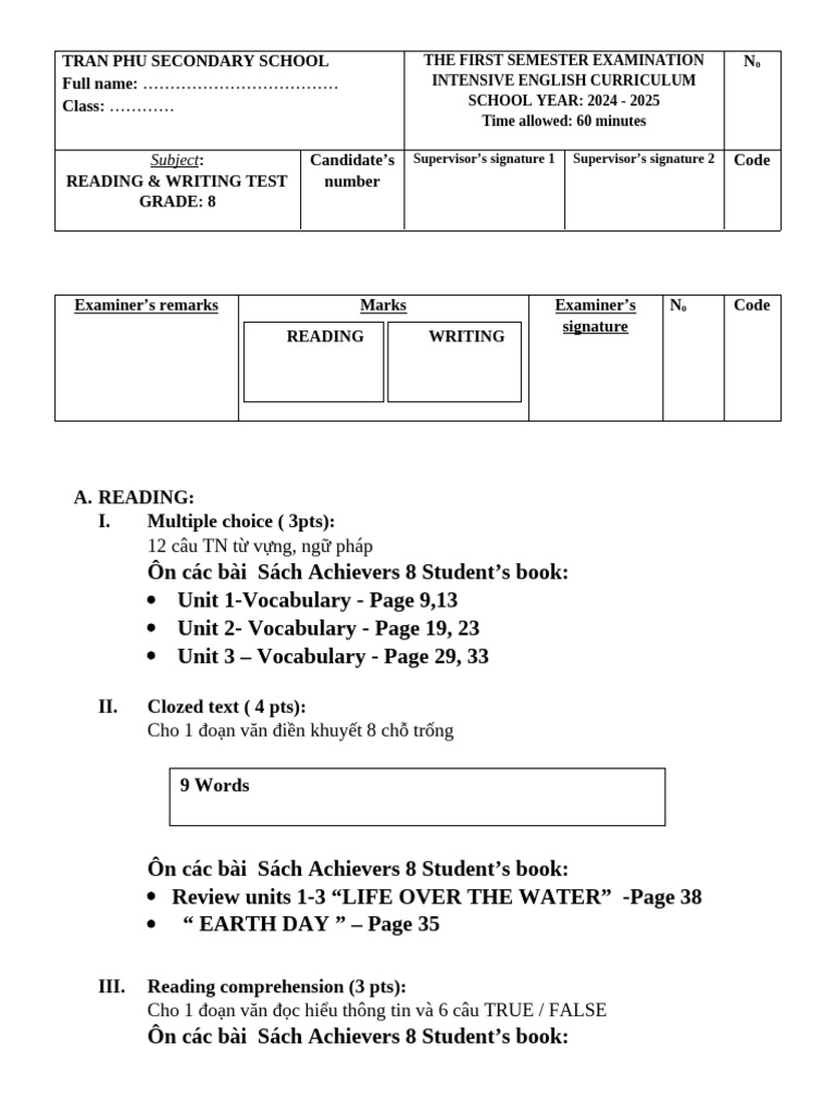 Nội Dung Ôn - KT Tatc 8-HK1-NH 24-25 | PDF