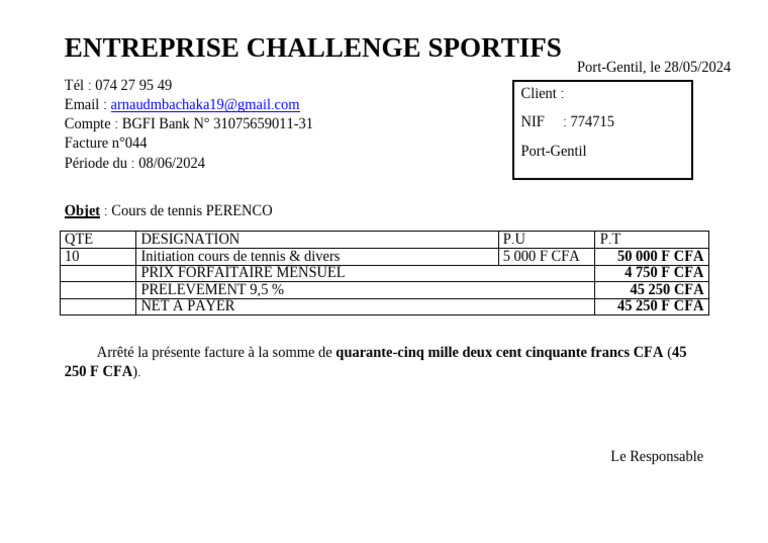 Facture Cours de Tennis PERENCO | PDF