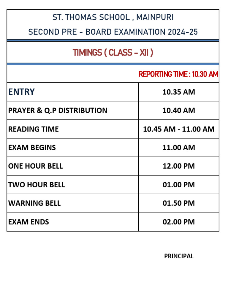 Class XII Pre-Board Exam Schedule | PDF