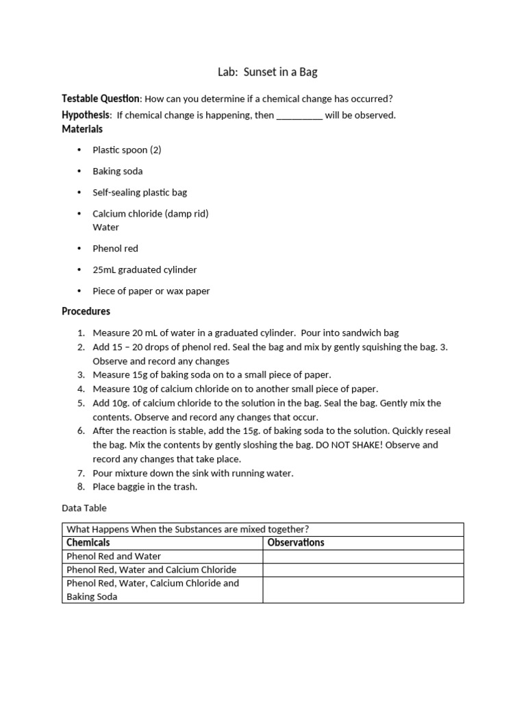 Sunset in a Bag: Chemical Change Lab | PDF
