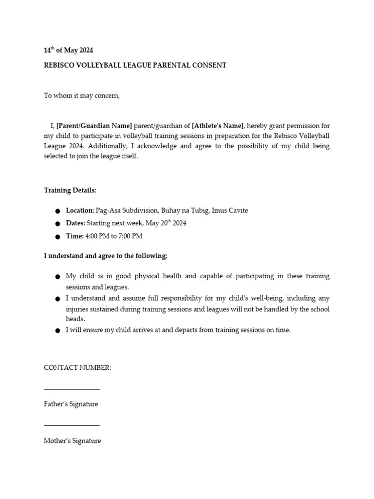 Rebisco Volleyball League Consent Form | PDF
