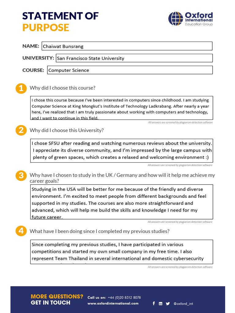Statement of Purpose for Computer Science | PDF