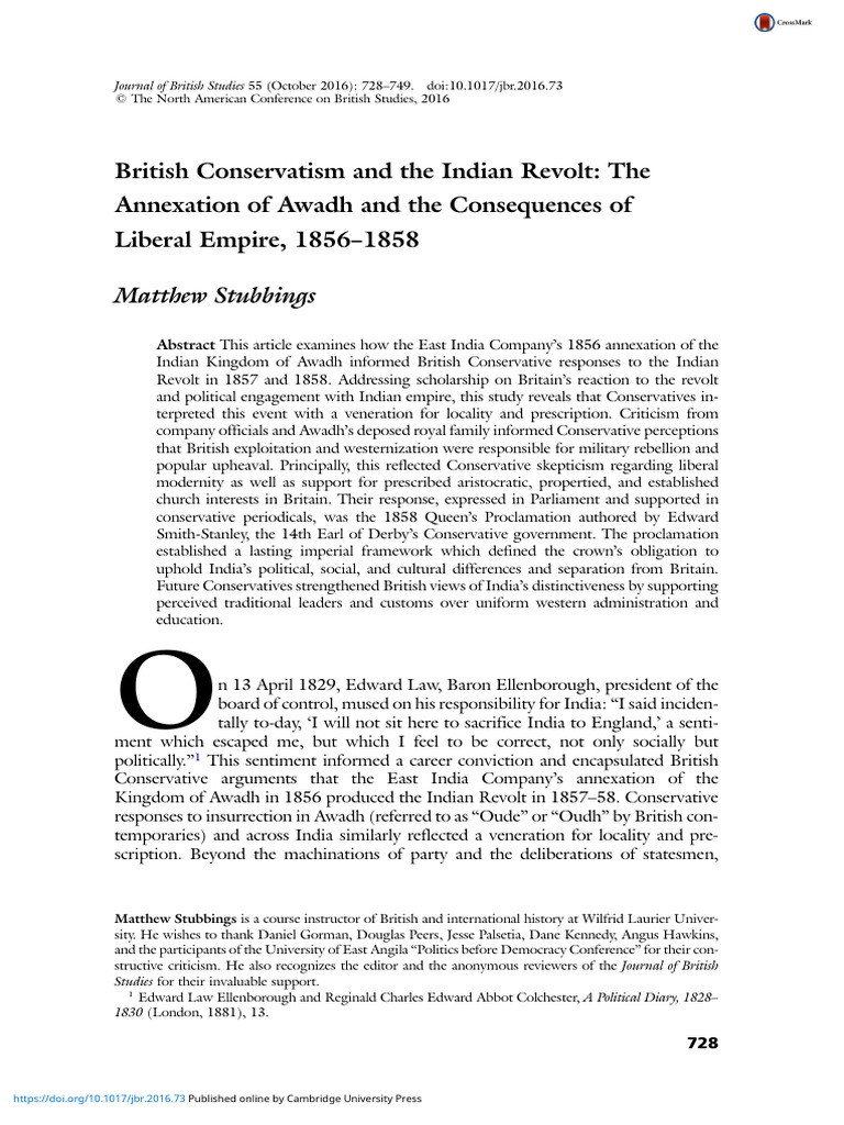 British Conservatism and The Indian Revolt The Annexation of Awadh and ...