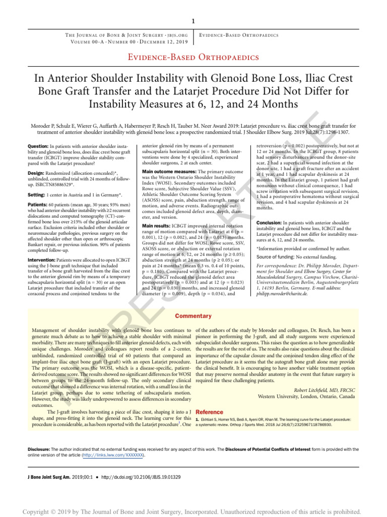 In Anterior Shoulder Instability With Glenoid Bone Loss, Iliac Crest ...