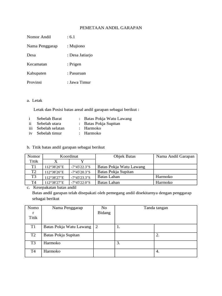 Pemetaan Andil Garapan Desa Jatiarjo | PDF