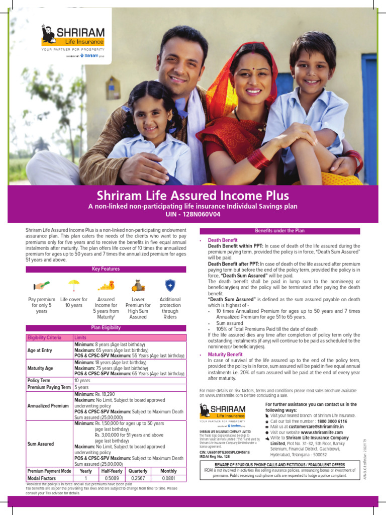 Leaflet - Shriram Life Assured Income Plus V04 | PDF | Life Insurance ...