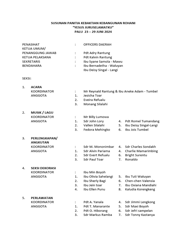 Susunan Panitia Kebaktian Kebangunan Rohani | PDF