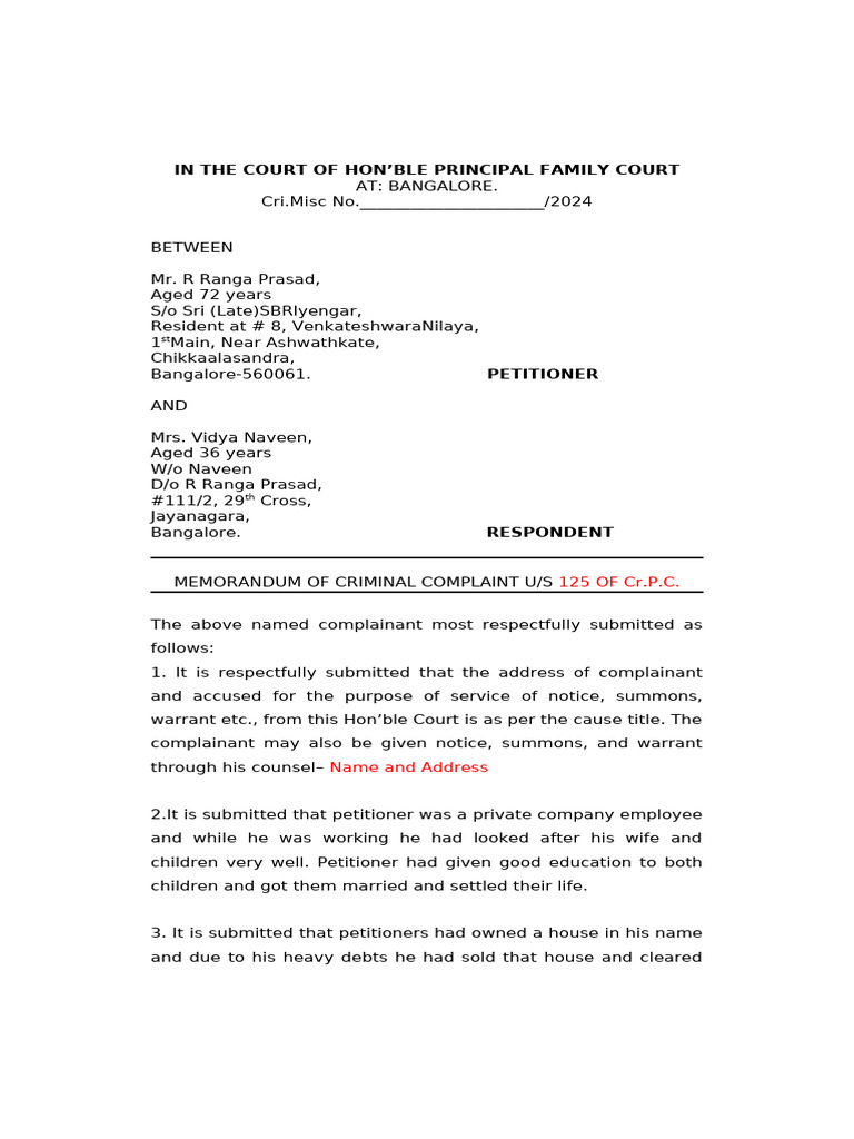 Maintenance Petition by Ranga Prasad | PDF | Affidavit | Justice