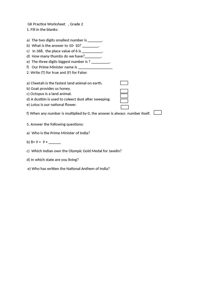 GK Practice Worksheet Grade 2 | PDF