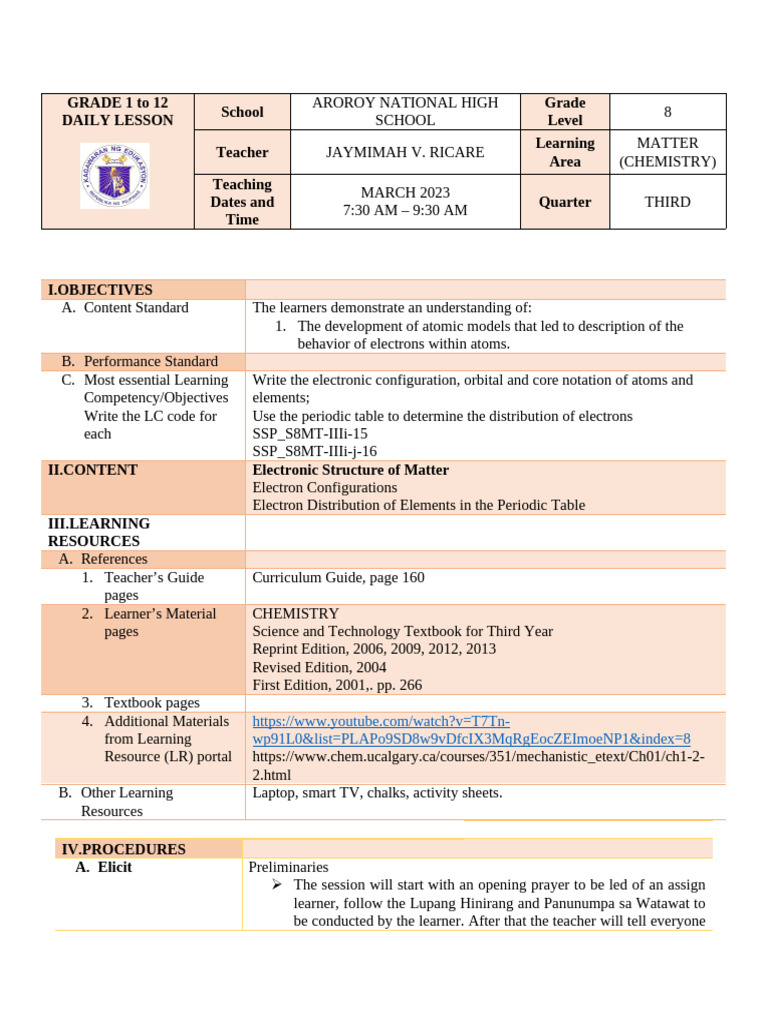 Grade 8 Chemistry Lesson Plan: Matter | PDF | Periodic Table | Electron ...