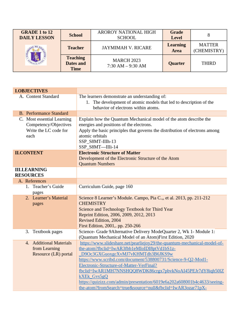 Lesson Plan-Q3M4 (Development of The Electronic Structure of The Atom ...