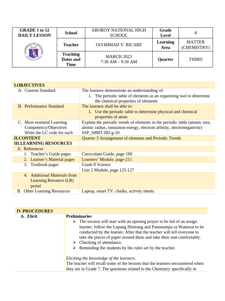 Grade 8 Chemistry Lesson Plan: Periodic Trends | PDF | Periodic Table ...