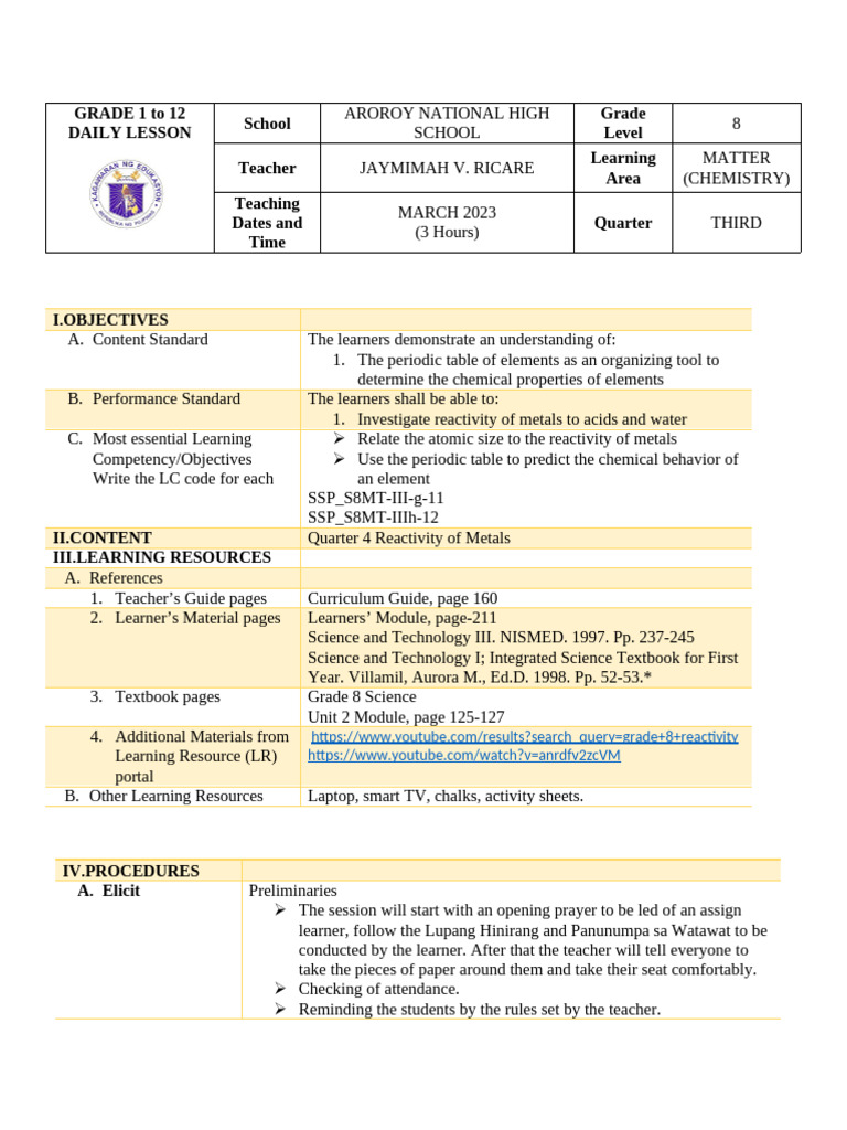 Lesson Plan-Q3M3 (Reactivity of Metals) | PDF | Metals | Periodic Table