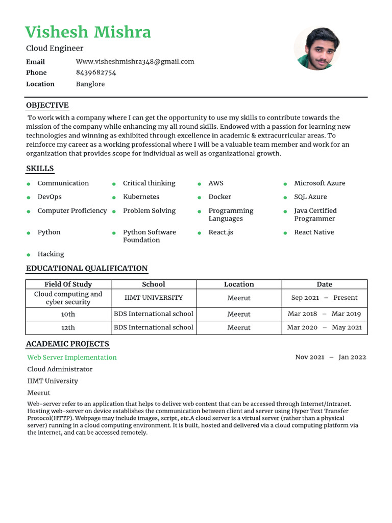 Vishesh Mishra - Fresher - Resume - Cloud Engineer | PDF