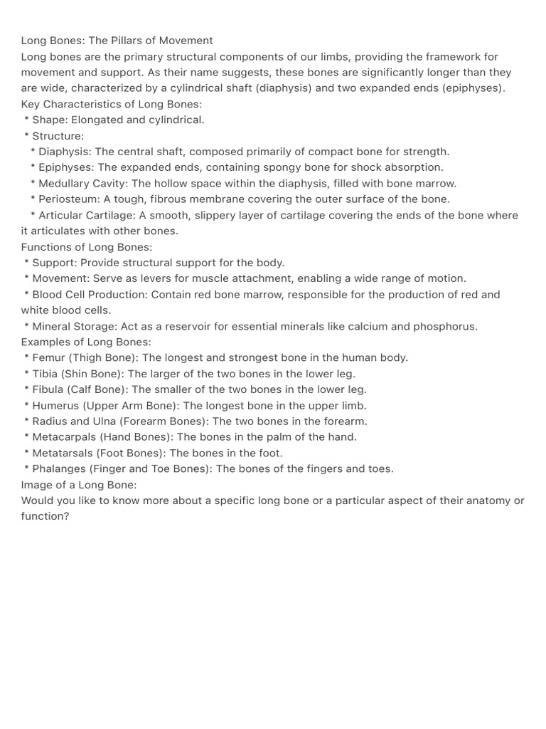 Long Bones: Structure and Function Guide | PDF