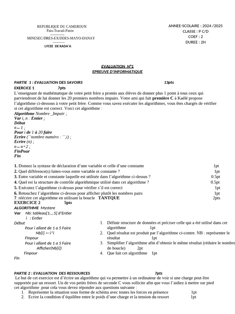 Évaluation Informatique : Algorithmes et Structures | PDF | Programmation informatique ...