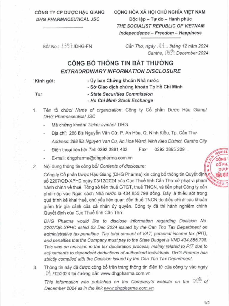 DHG Thong Bao Nhan Duoc Quyet Dinh Xu Phat Vi Pham Hanh Chinh Ve Thue Cua Cuc Thue Tinh Can Tho ...