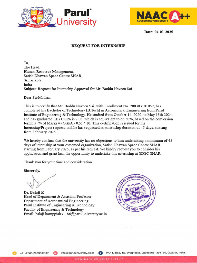 Request Letter For Isro Internship | PDF