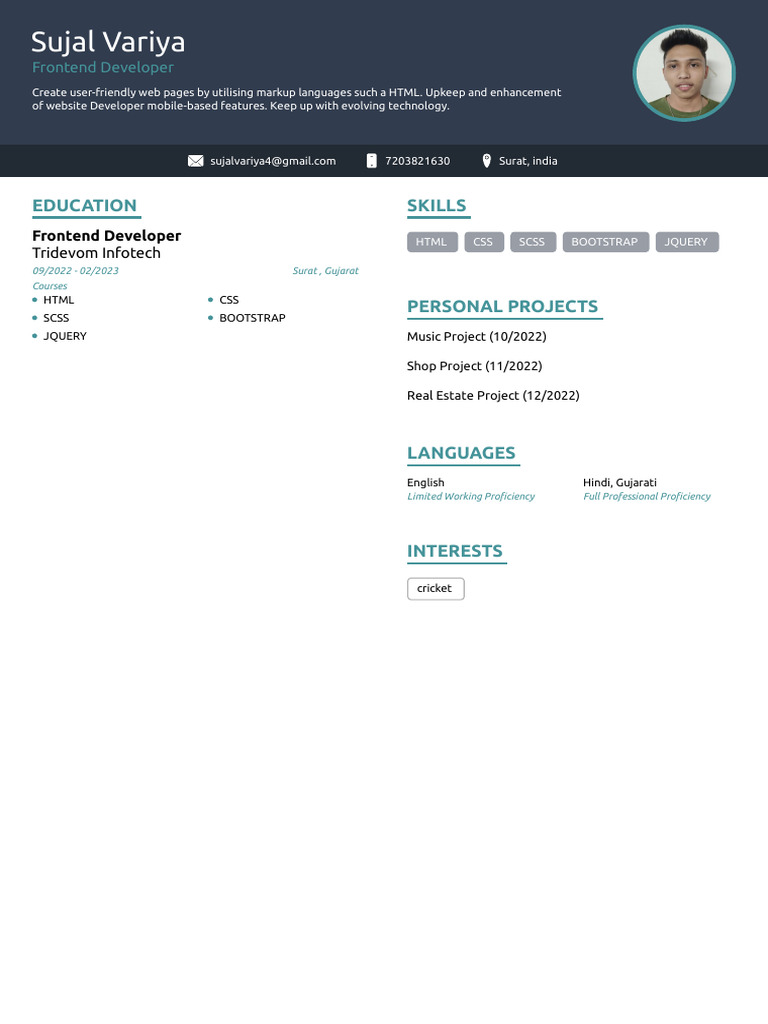 Sujal Variya Fresher Resume Frontend Developer | PDF